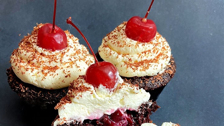 Schwartzwalder Kirschtorte Cupcakes (w/Ovaltine) - Two Crumbs Up